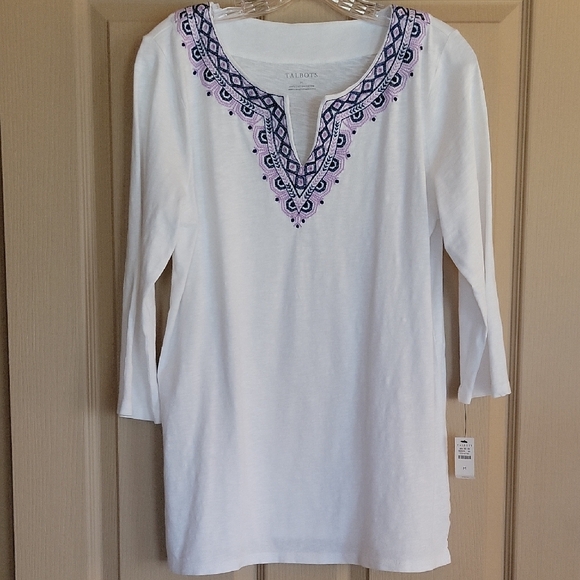 Talbots | Tops | Talbots Embellished White And Purple Tunic Top | Poshmark